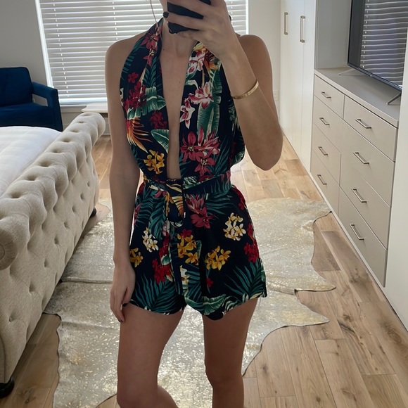 SHEIN | Pants & Jumpsuits | Shein Plunging Neck Backless Tie Front ...